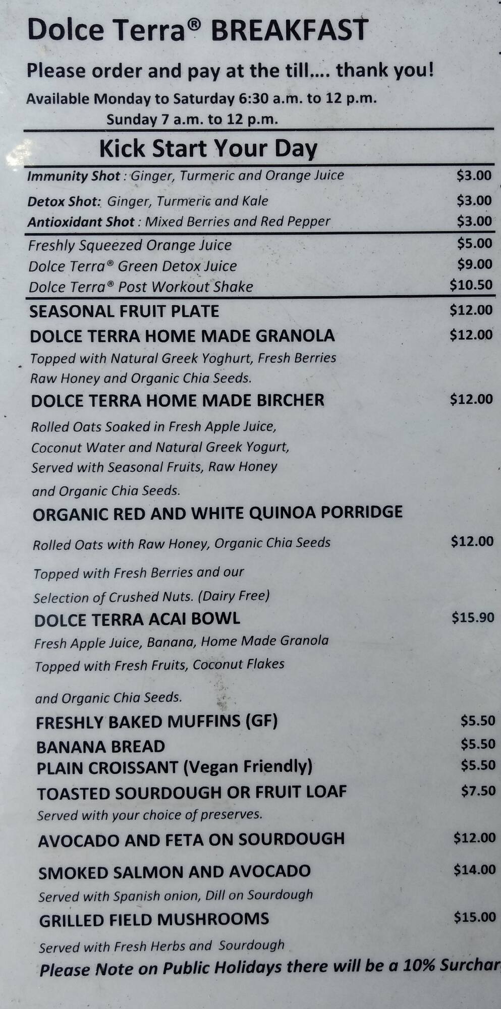 Menu at Dolce Terra cafe, Manly