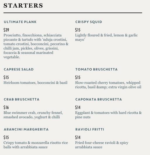 Menu at Jamie Olivers Italian restaurant, Brisbane City