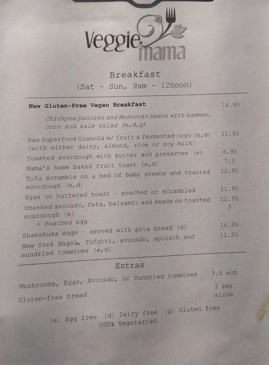 Menu at Veggie Mama cafe, Mount Lawley