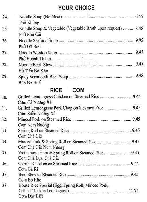 Menu at Pho Saigon restaurant, Delta, 16 Ave