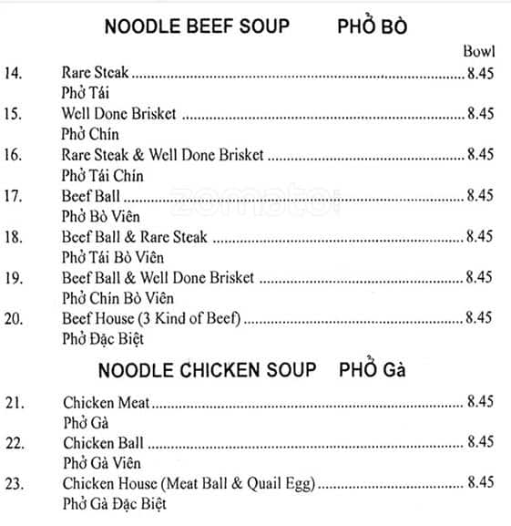 Menu at Pho Saigon restaurant, Delta, 16 Ave