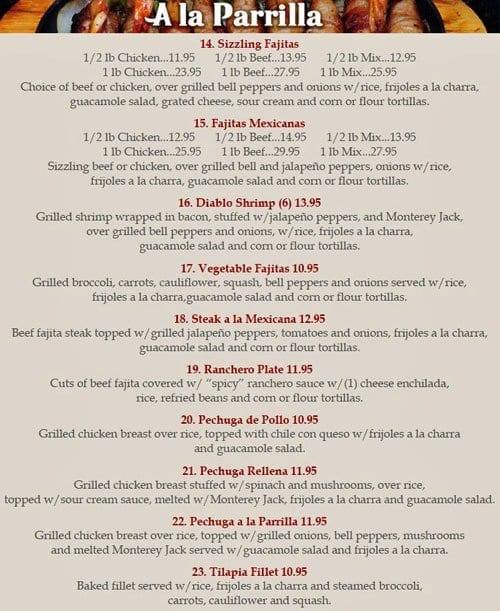 Menu at La Fiesta, Houston, Katy Freeway