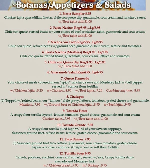 Menu at La Fiesta, Houston, Katy Freeway