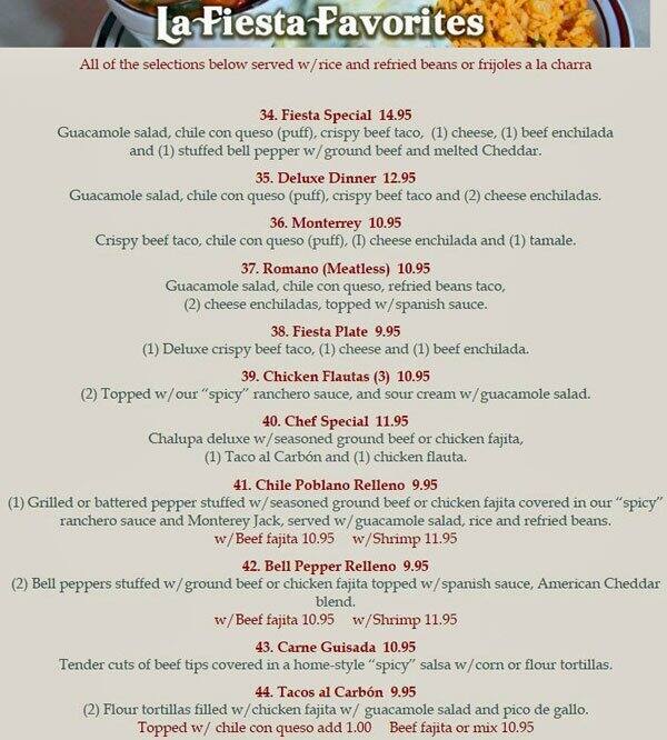 Menu at La Fiesta, Houston, Katy Freeway