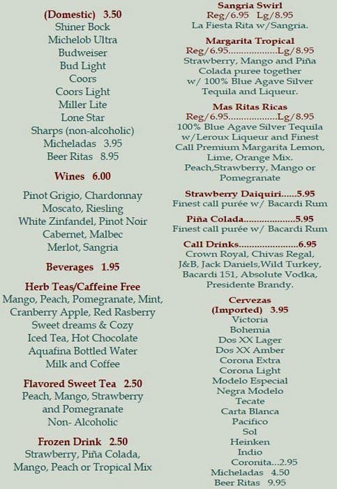 Menu at La Fiesta, Houston, Katy Freeway