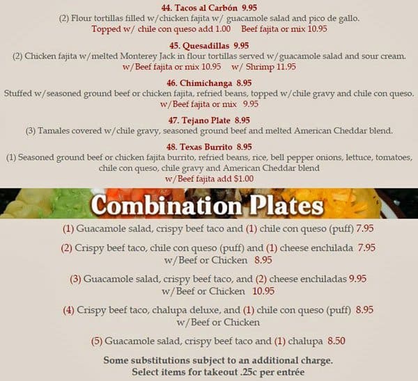 Menu at La Fiesta, Houston, Katy Freeway