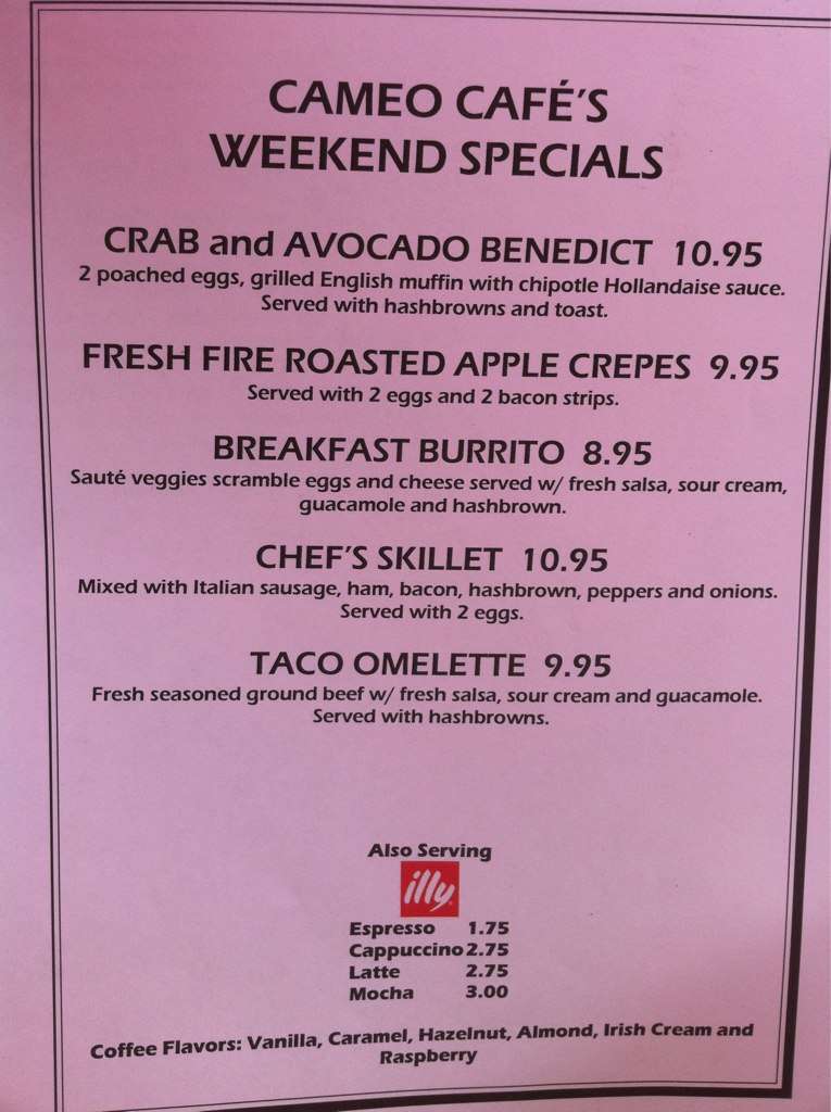Menu at Cameo Cafe, Vancouver