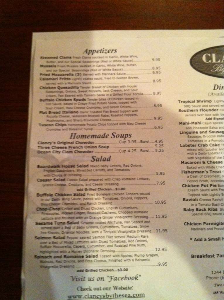 Clancy's By The Sea Menu, Menu for Clancy's By The Sea, Ocean City ...