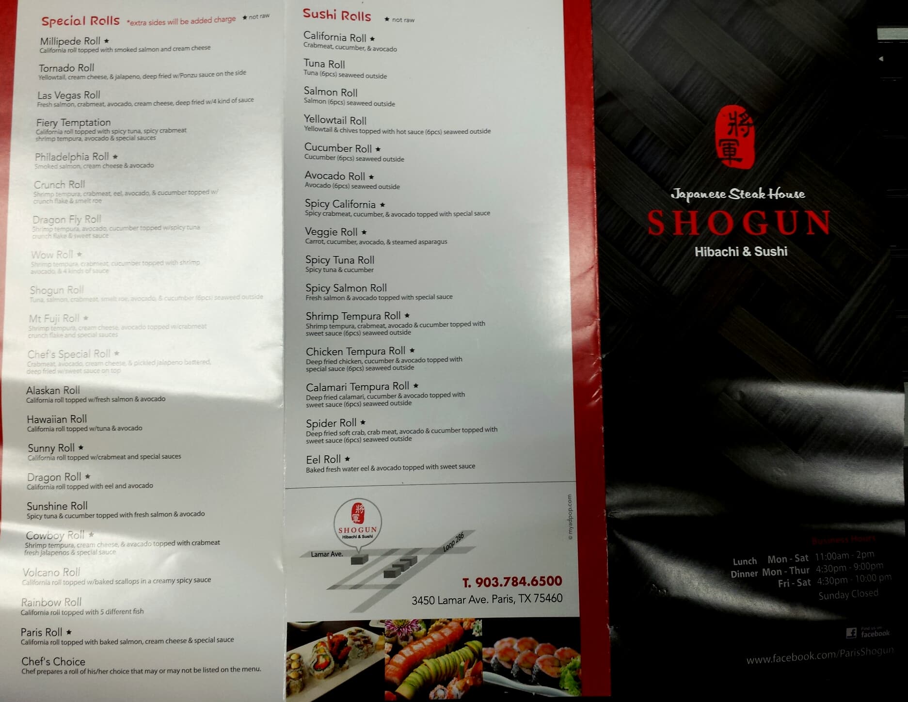 Menu at Shogun in Paris restaurant, Paris
