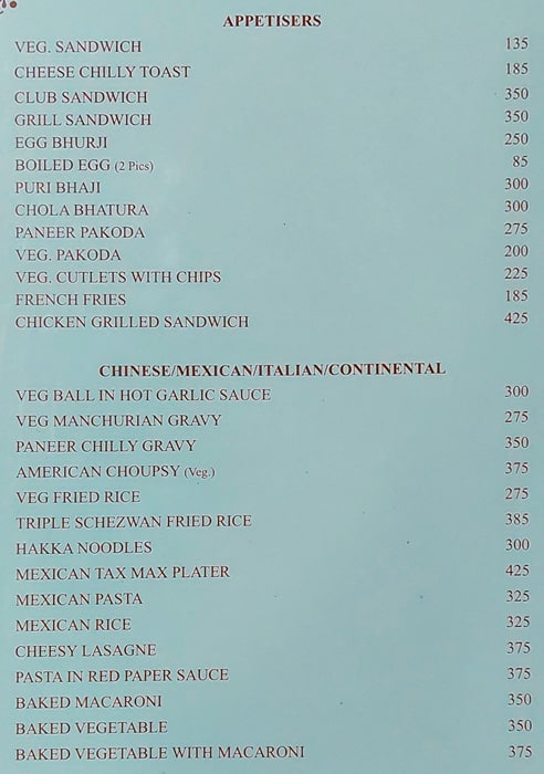 Menu at Raghu Mahal Hotel, Udaipur, 93 Airport Road