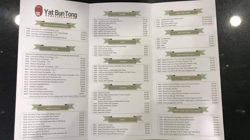 Menu at Yat Bun Tong restaurant, Braddon