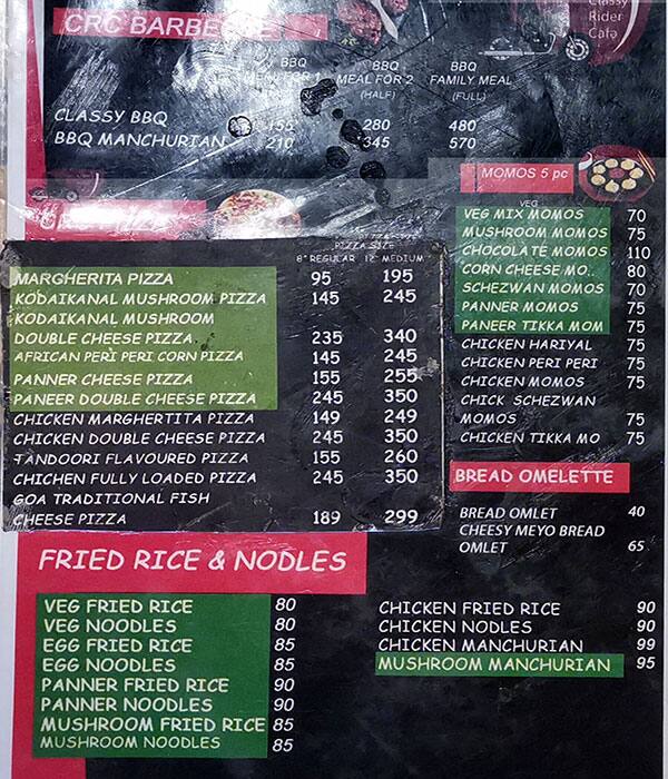 Menu at John's Cafe, Tiruchirappalli