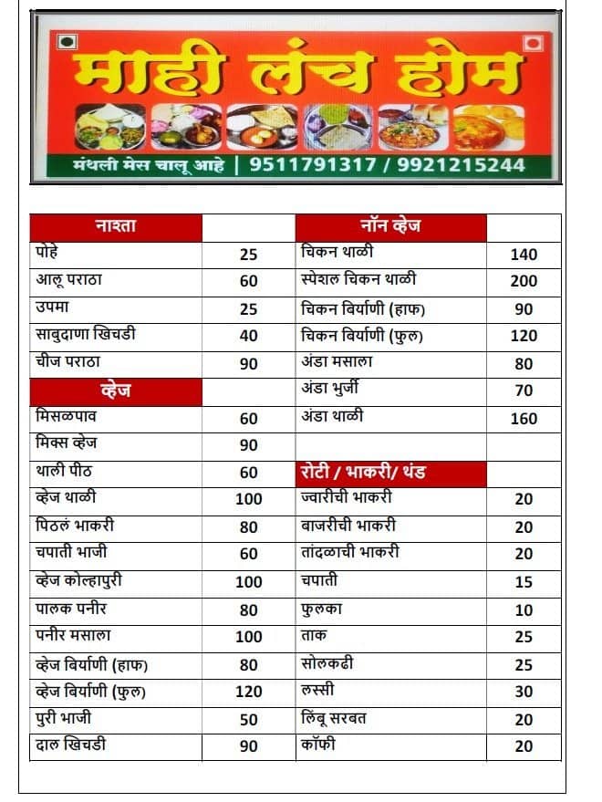 Menu of Mahi Lunch Home, Sus, Pune