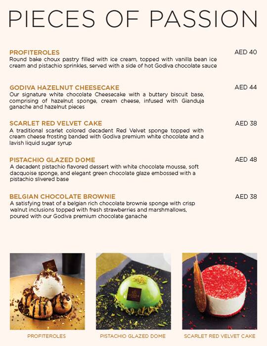 Menu at Godiva cafe, Dubai, City Walk Al Safa St