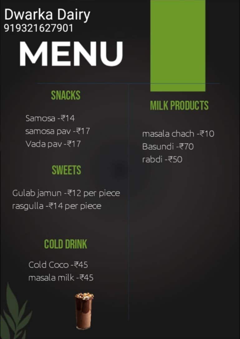 Menu of Dwarka Dairy, Borivali East, Mumbai