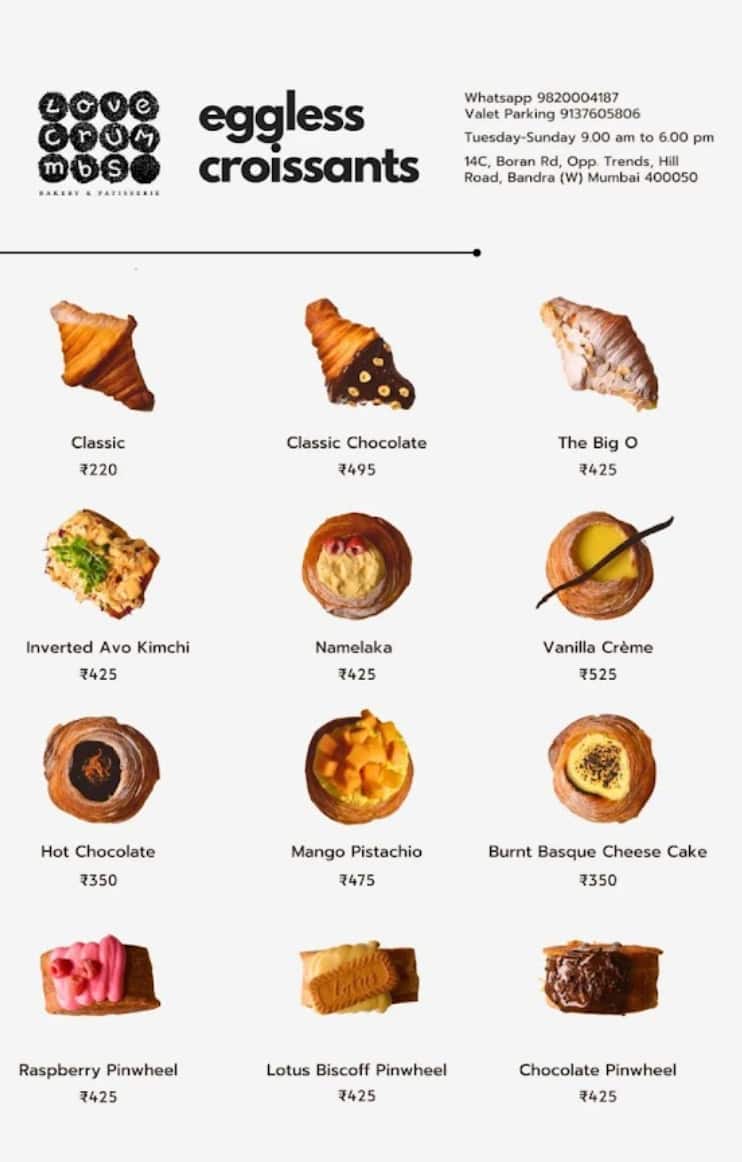Menu of Love Crummbs, Pali Hill, Bandra West, Mumbai