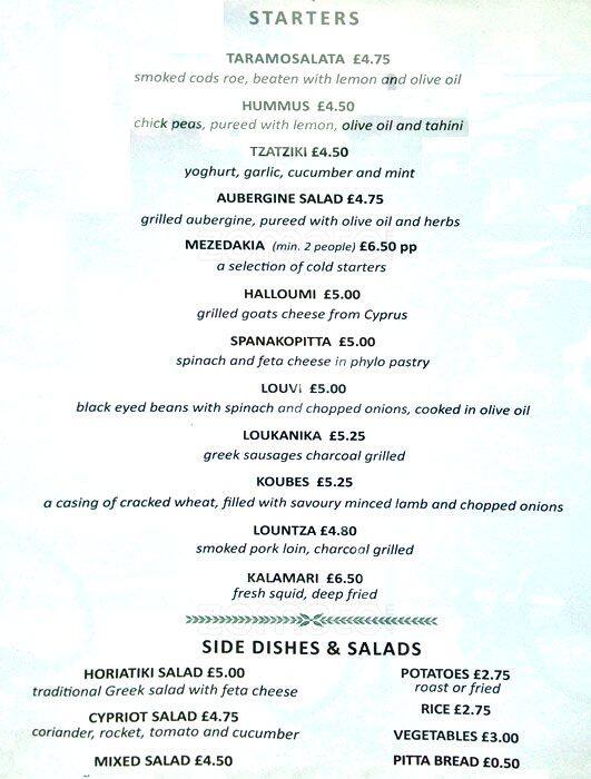Menu at Daphne Restaurant, London, 83 Bayham St