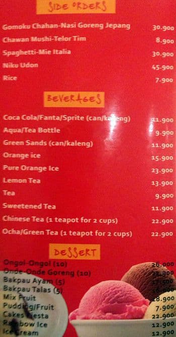 Menu at Yuraku Buffet restaurant, Jakarta, Jalan Boulevard Artha Gading ...