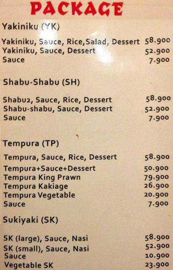 Menu at Yuraku Buffet restaurant, Jakarta, Jalan Boulevard Artha Gading ...