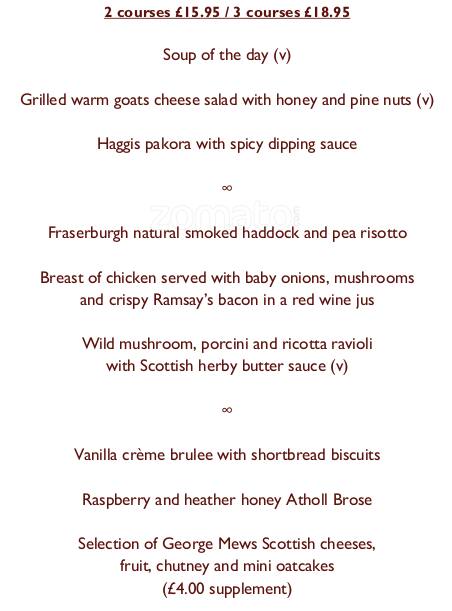 Menu at The Pipers' Tryst restaurant, Glasgow