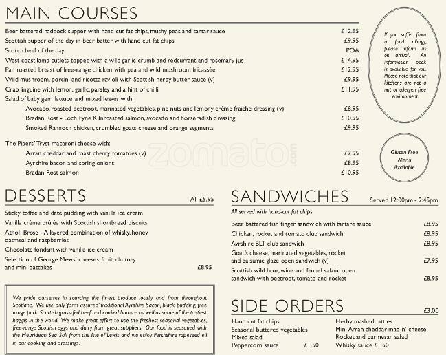 Menu at The Pipers' Tryst restaurant, Glasgow