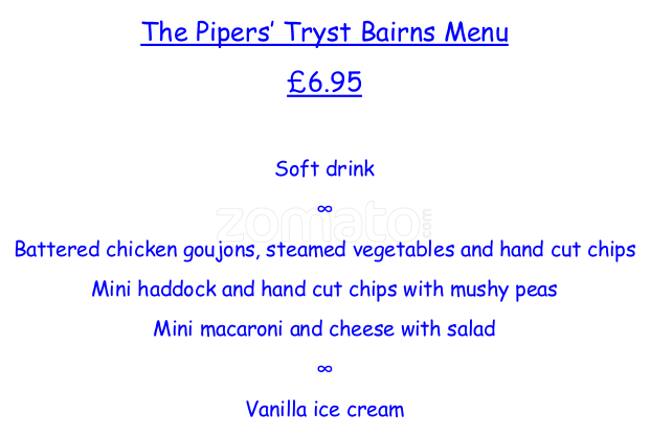 Menu at The Pipers' Tryst restaurant, Glasgow