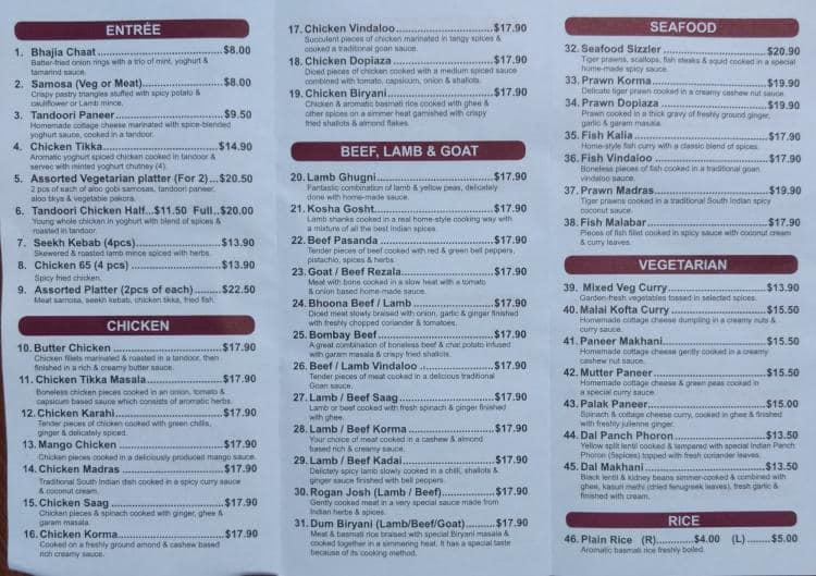 Menu at Avari Indian Restaurant, Baulkham Hills