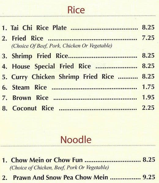 Menu at Tai Chi restaurant, San Francisco