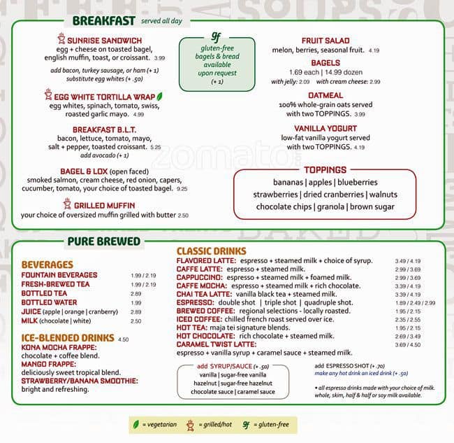 Carta del café PureBread Deli, Glen Mills