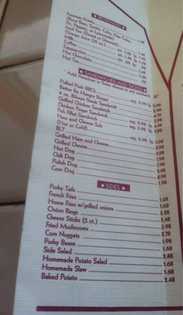 Menu at Porky Barn, Geneva