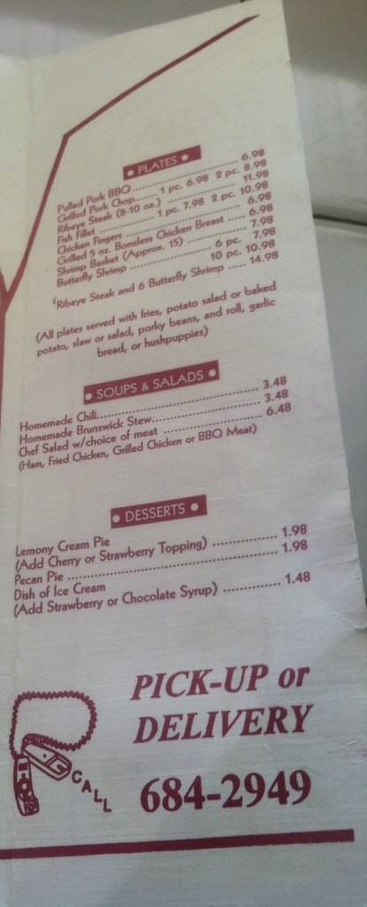 Menu at Porky Barn, Geneva