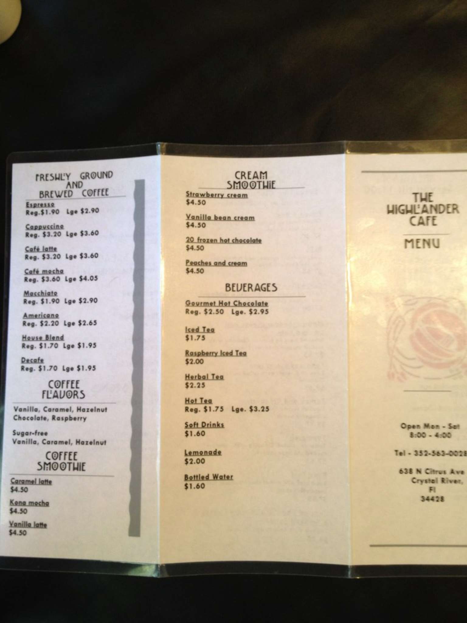 Menu at Highlander Cafe, Crystal River