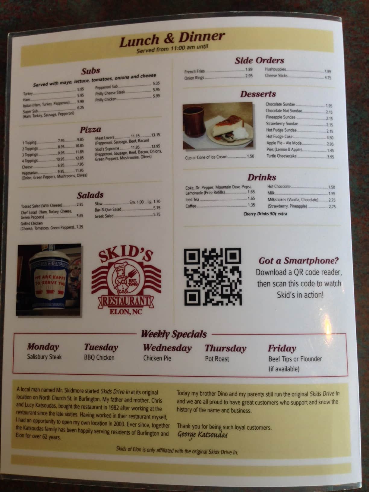 Menu at Skid's Restaurant of Elon, Elon