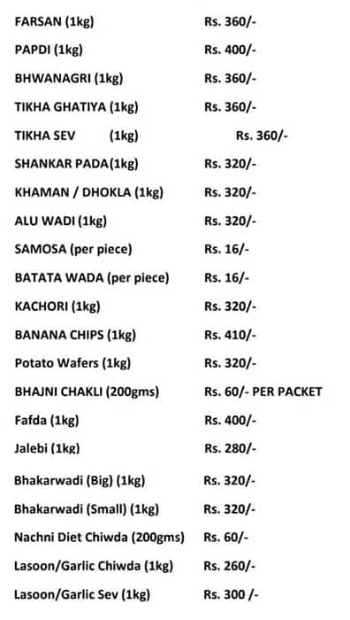 Menu of Janta Farsan & Sweet, Parel, Mumbai