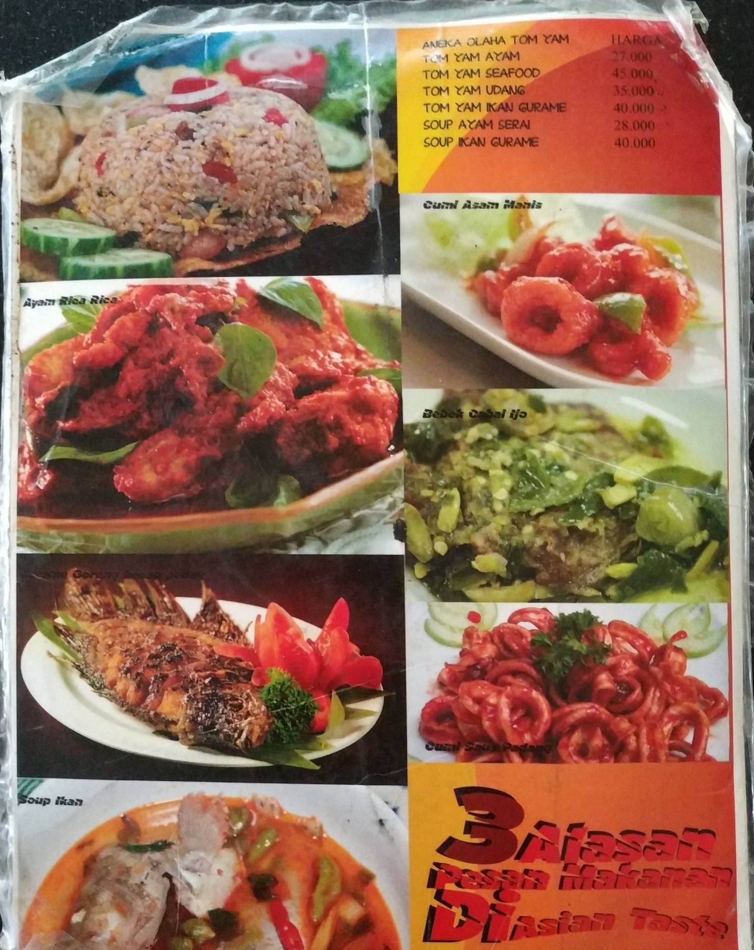 Menu at Asian Taste restaurant, South Jakarta