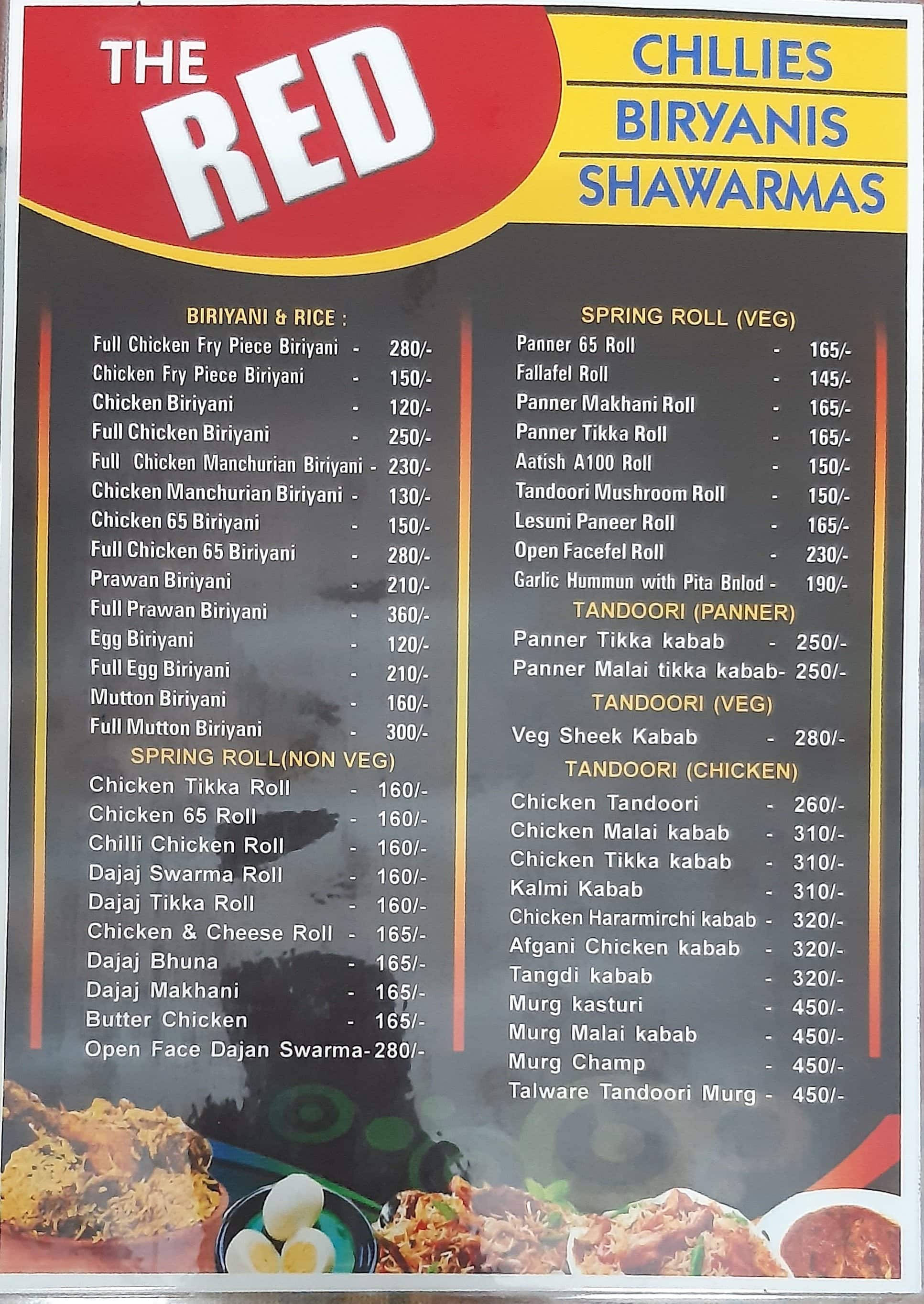 Menu of The Red Chillies Biryanis & Shawarmas, Ameerpet, Hyderabad