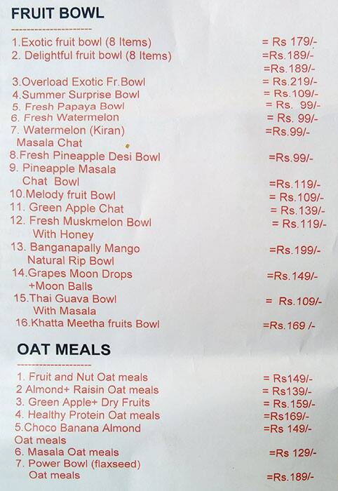 Menu of Fruitphall, Narayanguda, Hyderabad