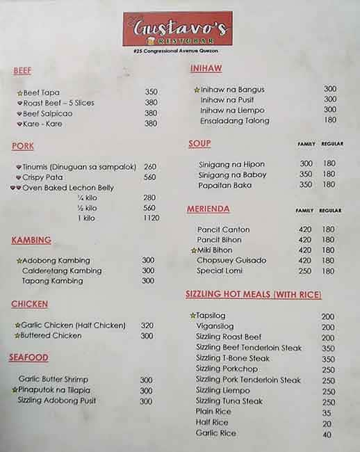Menu at Gustav restaurant, Quezon City