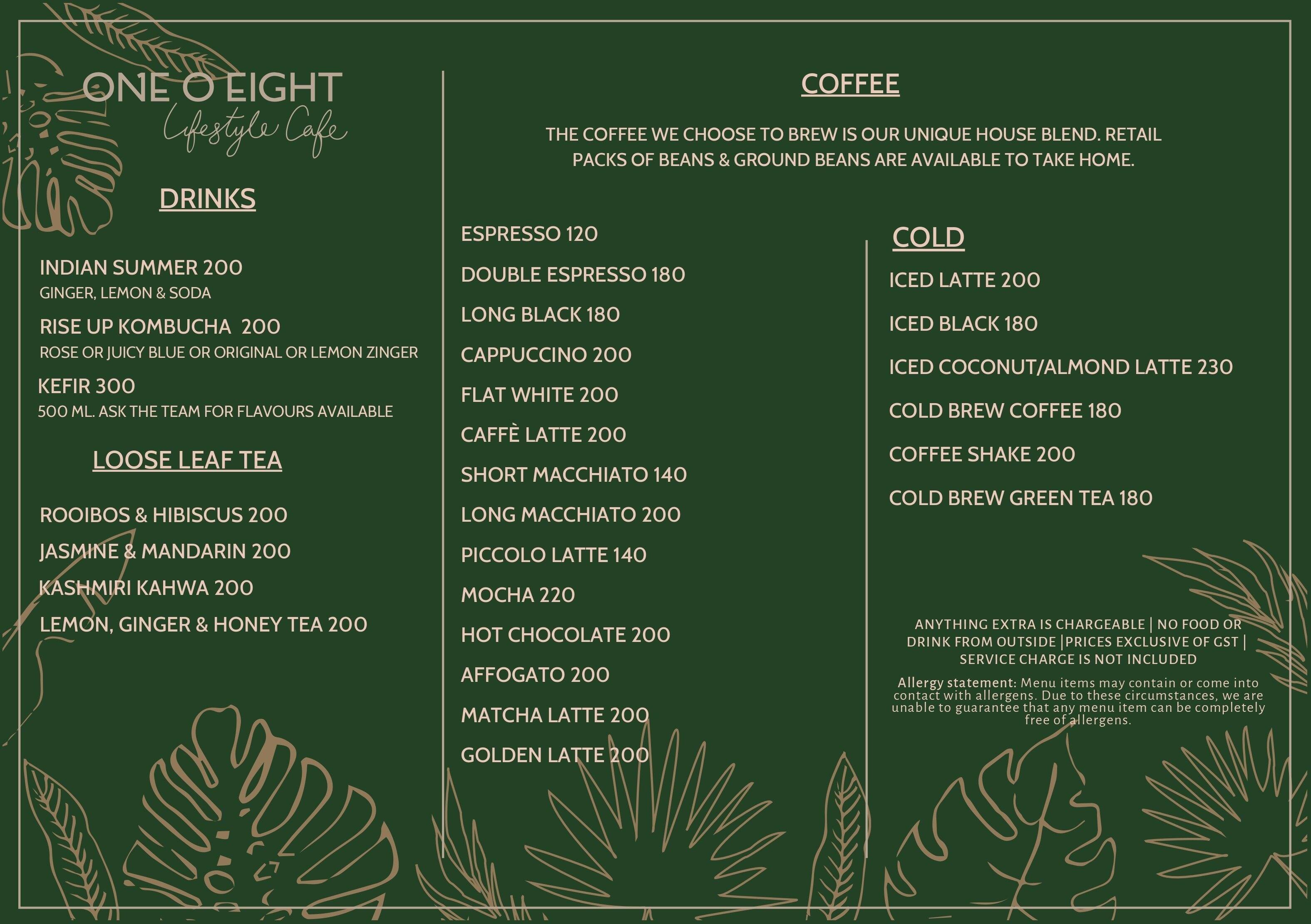 Menu of One O Eight Cafe, Koregaon Park, Pune