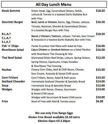 Menu at RiverStone Cafe, Otaki