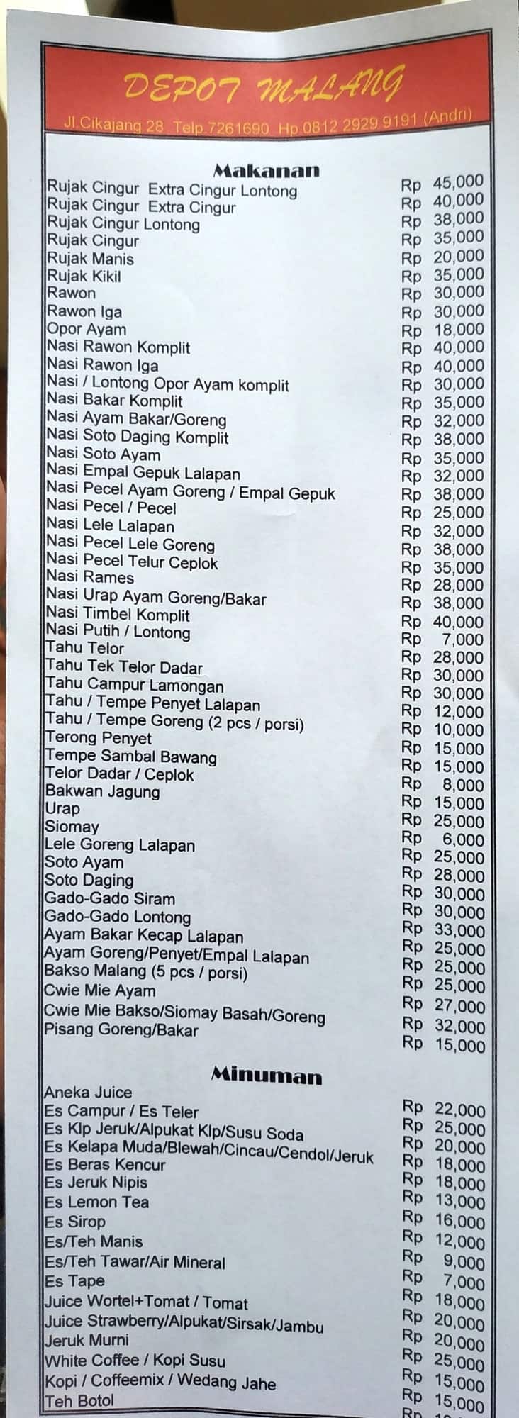 Menu at Depot Malang restaurant, South Jakarta, Jl. Cikajang No.28