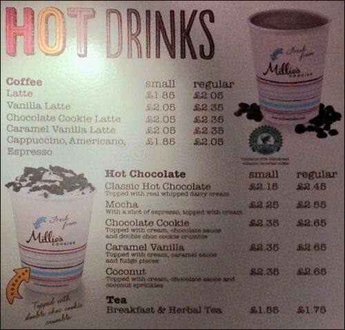 Menu at Millie's Cookies desserts, Edinburgh, Edinburgh Waverley Station