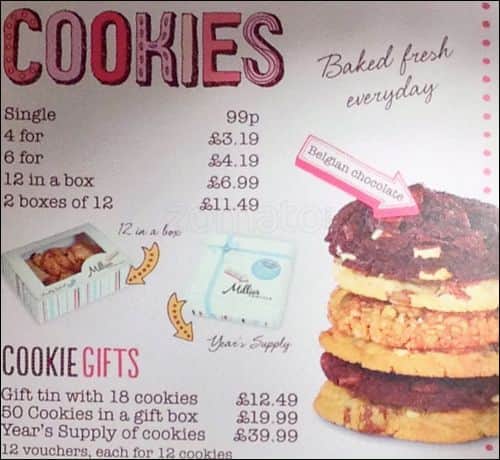 Menu at Millie's Cookies desserts, Edinburgh, Edinburgh Waverley Station