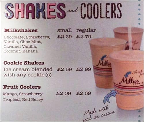 Menu at Millie's Cookies, Edinburgh, 66 Gyle Ave