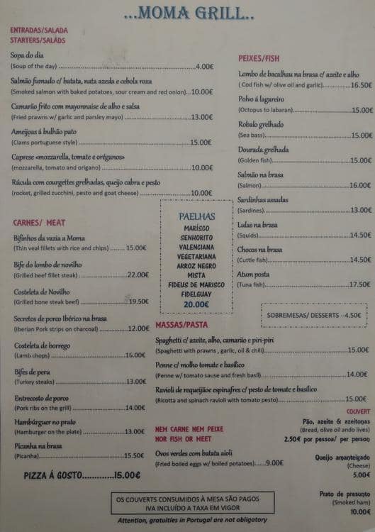 Menu at Moma restaurant, Lisbon