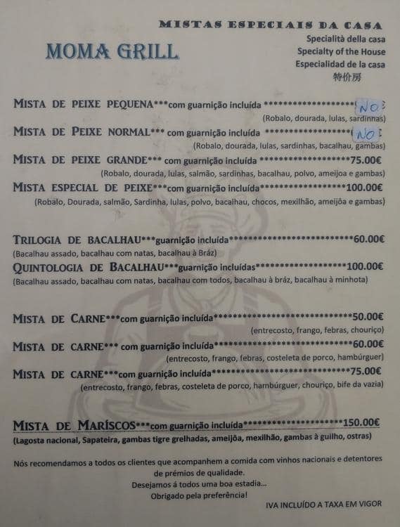 Menu at Moma restaurant, Lisbon, R. de São Nicolau 47