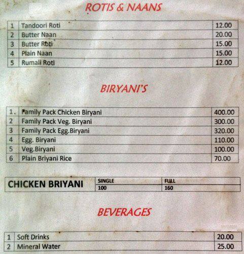 Menu at Hot Plate, Secunderabad, Anand Bagh Cross Roads