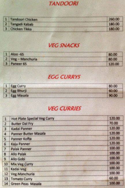 Menu at Hot Plate, Secunderabad, Anand Bagh Cross Roads