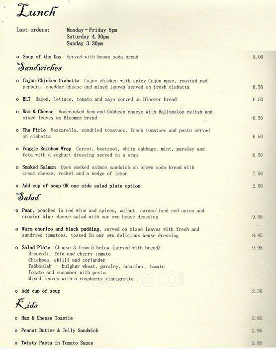 Menu at The Brick House cafe, Dublin, 288 Harold's