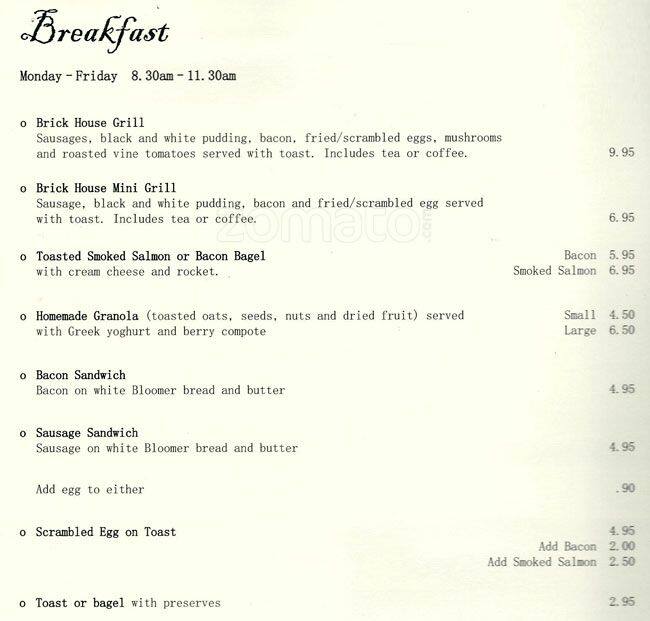 Menu at The Brick House cafe, Dublin, 288 Harold's